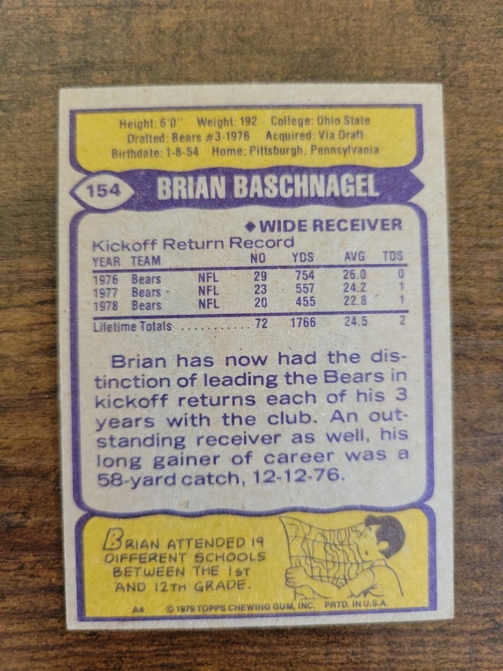 1979 Topps #154 Brian Baschnagel - Chicago Bears - NFL | eBay