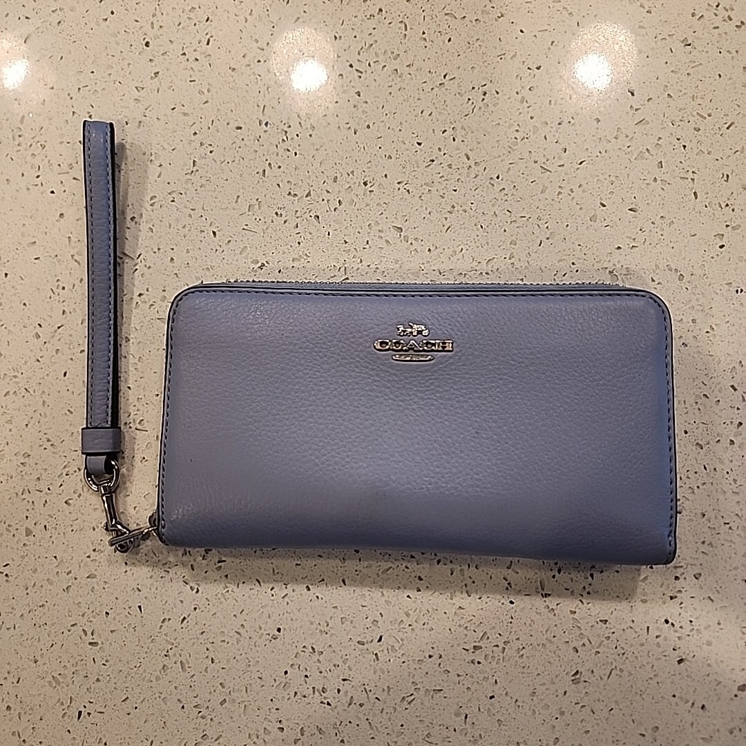 Coach Washed Blue Leather Accordion Zip Around Wallet - Gem