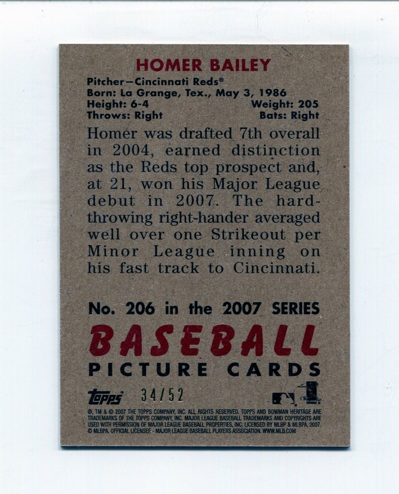 2007 Bowman Heritage Black Border Homer Bailey #206 #D 4/52 JERSEY ...