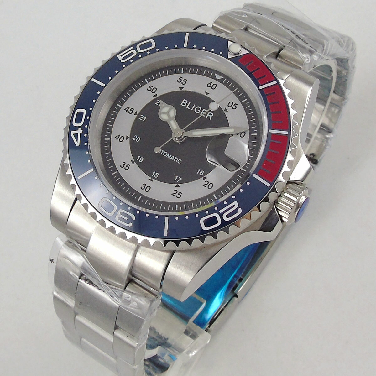 BLIGER 40mm Herrenuhr schwarzes Zifferblatt Saphir Automatikwerk Watch ...