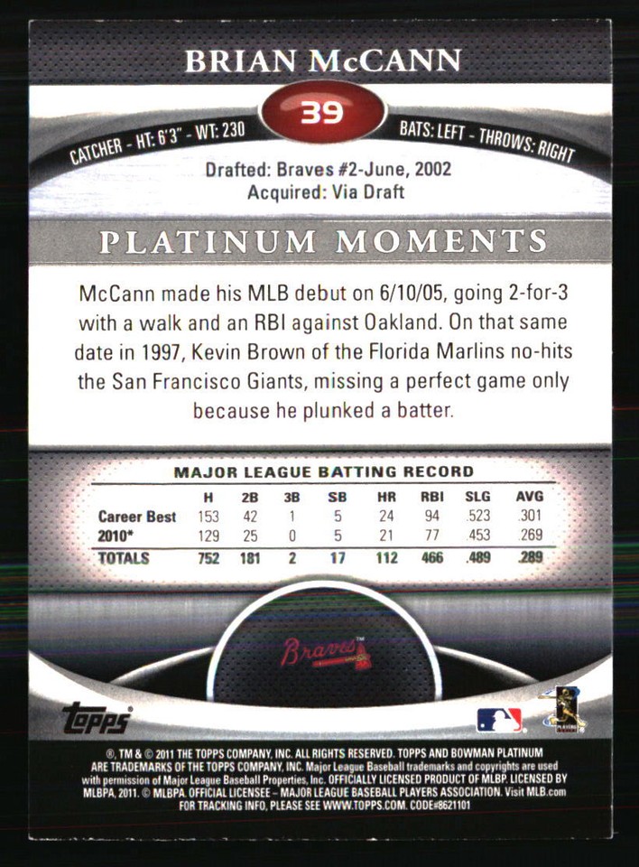 Brian McCann 2011 Bowman Platinum #39 BASEBALL Card | eBay