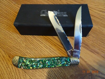 CHEROKEE STONE WORKS 4" CLOSED TRAPPER CRUSHED GREEN ABALONE 2 BLADES ...