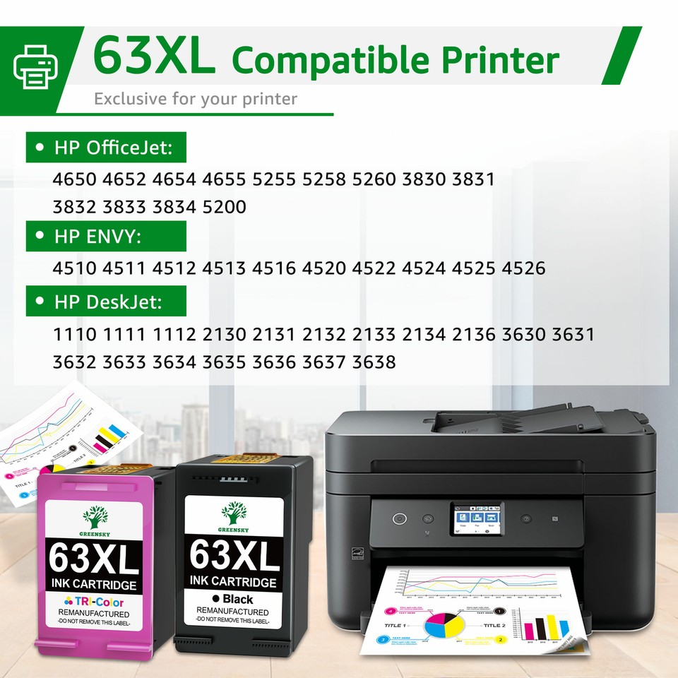 63XL Ink Cartridges for HP 63 OfficeJet 3830 4650 4655 5255 ENVY 4512 ...