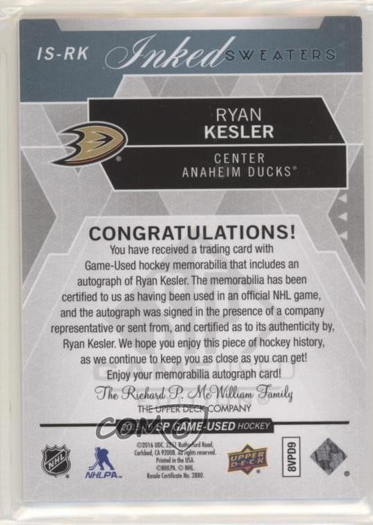 2015-16 SP Game-Used Inked Sweaters /99 Ryan Kesler #IS-RK Auto | eBay