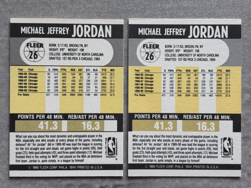 (2) 1990 Fleer MICHAEL JORDAN Bulls "No Line" Error Correct Basketball ...