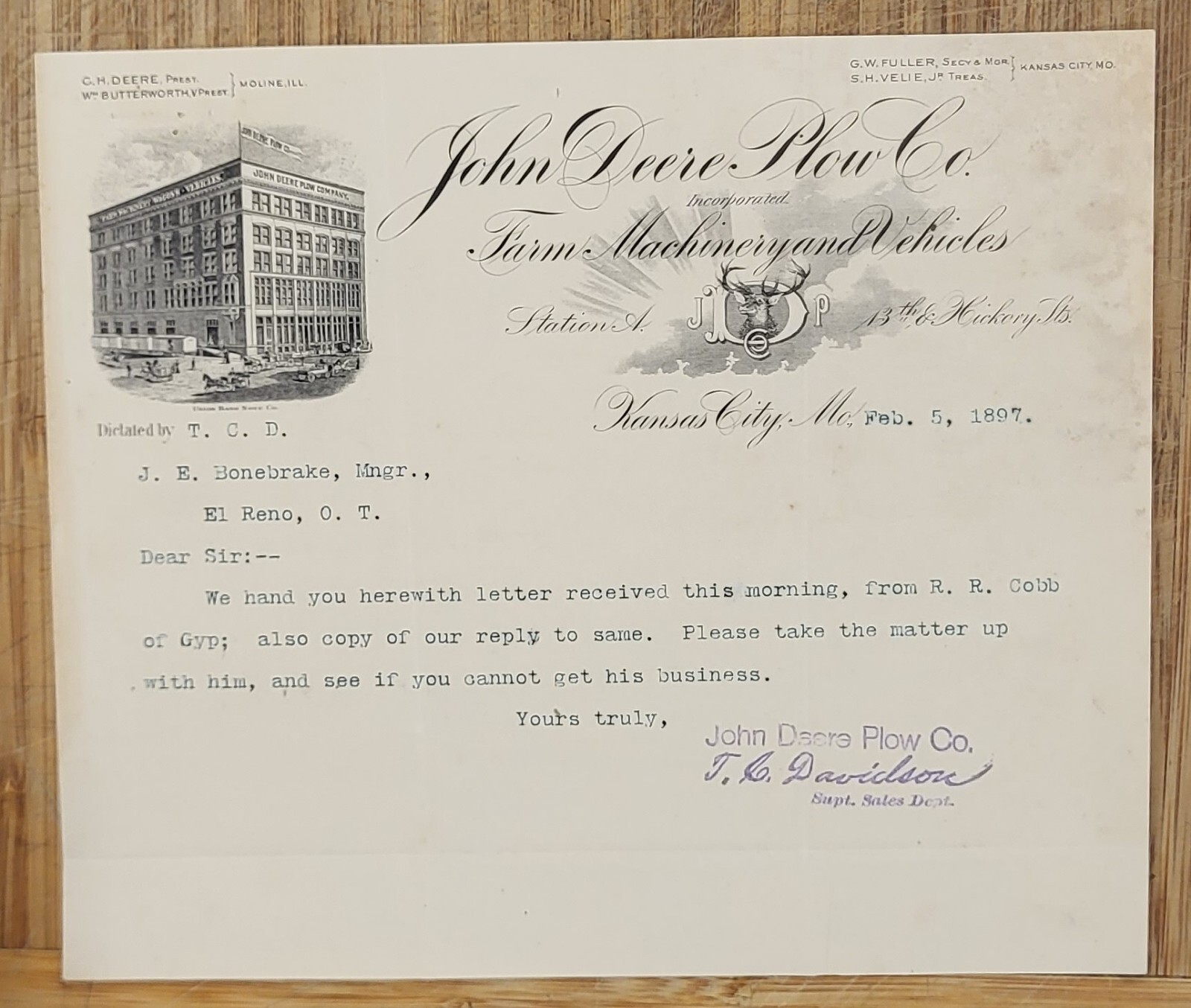 Letterhead Missouri 1897 Kansas City John Deere Plow Bonebrake Hardware ...