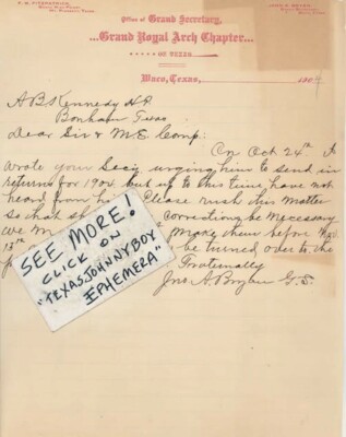 1904 letterhead GRAND ROYAL ARCH CHPTR Waco Texas J BRYAN Masonic FW ...