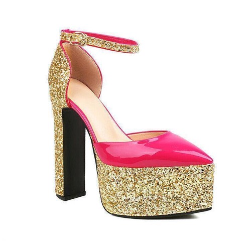 Women Faux Leather Sequins Splice Pointed Toe High Heels Shoes Party ...