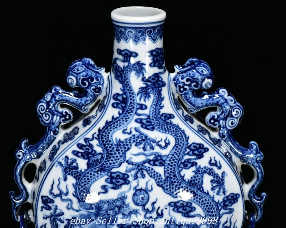 17"Old Qing Dynasty Blue White Porcelain Dragon Fish Gourd Wine Tea Pot ...