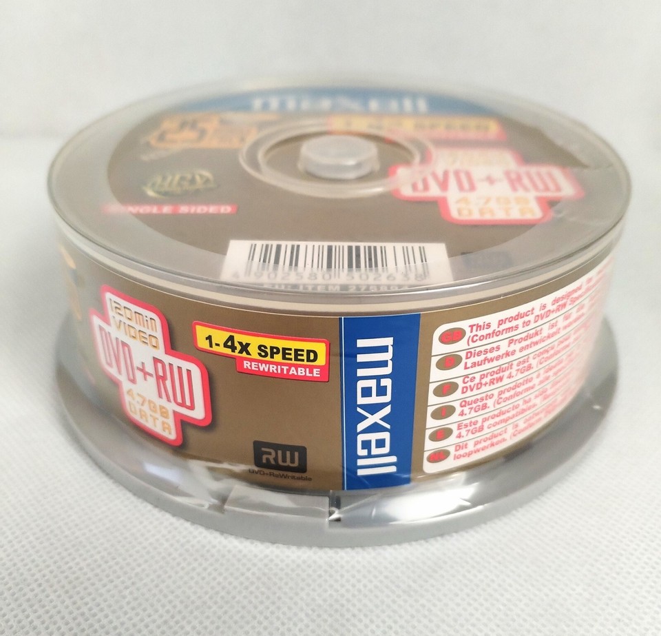 25 Maxell DVD+RW Disc 4.7GB 120Min Spindle DVD Rewritable Blank Discs ...