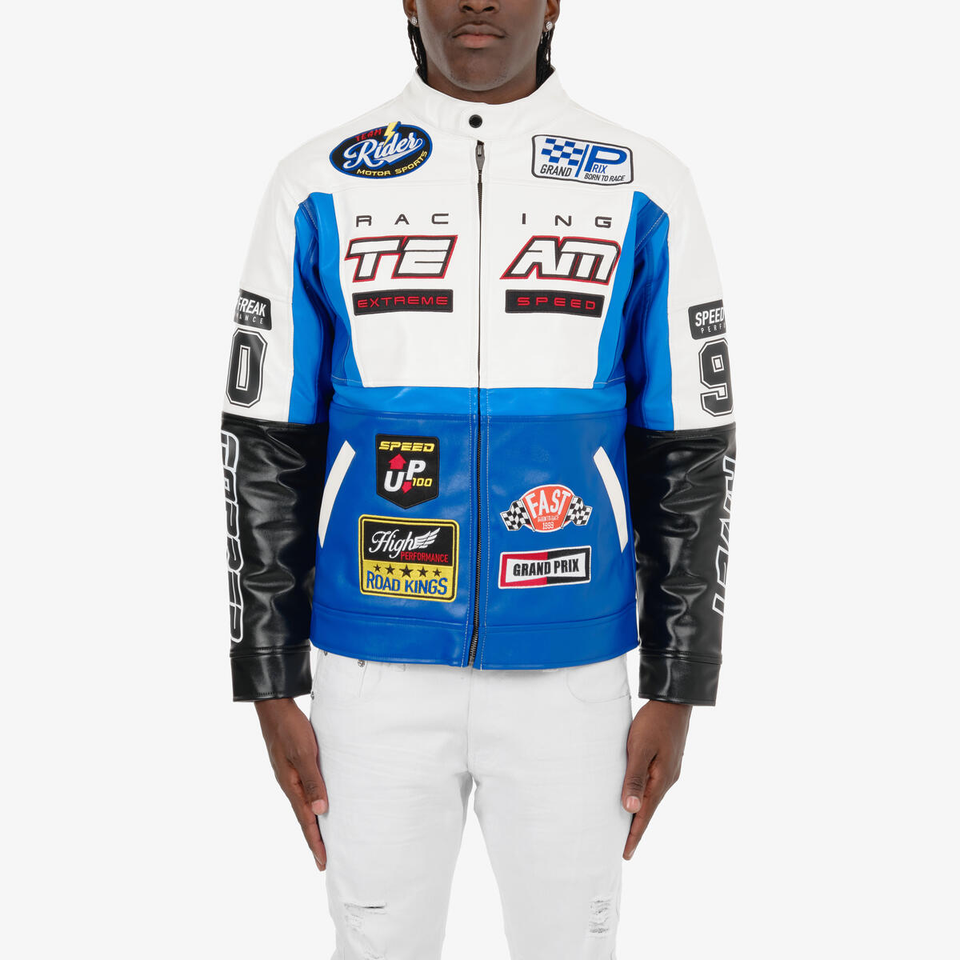 COPPER RIVET WHITE / BLUE MOTO RACING PU LEATHER JACKET | eBay
