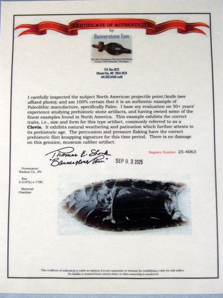 Exceptionally Fine Nevada Obsidian Clovis Point with COA Arrowheads | eBay
