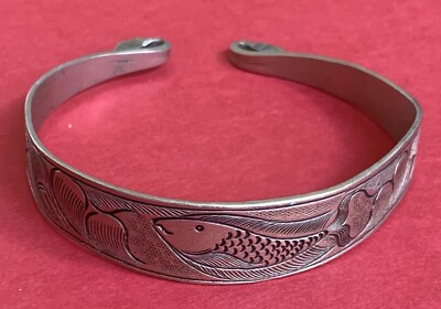 Vtg Unusual Engraved Fish & Waves Design Silver Cuff Bracelet Turn Tail ...