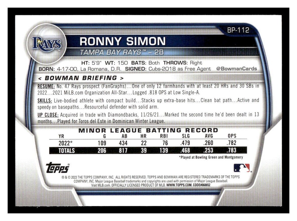 2023 Bowman Prospects #BP-112 Ronny Simon - Tampa Bay Rays | eBay