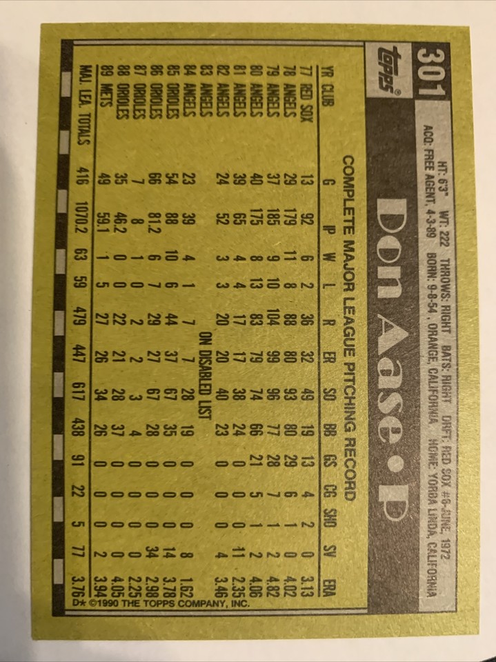 1990 Topps Baseball Card #301 Don Aase New York Mets NmMt Free Shipping ...