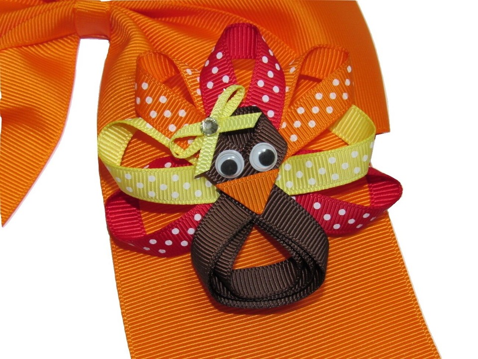 NEW "Thanksgiving Turkey" Cheer Bow Pony Tail 3 inch Ribbon Hair ...