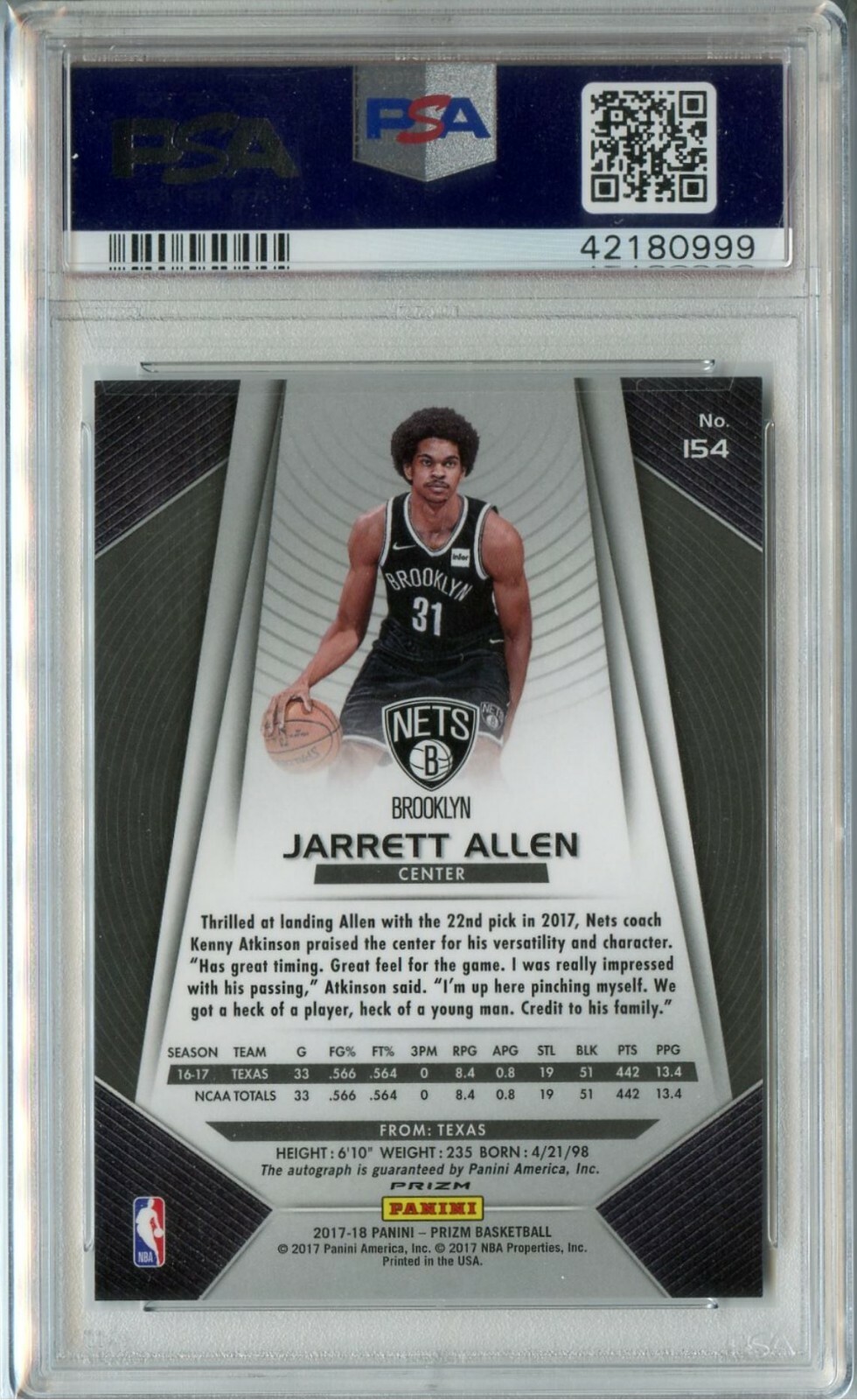 2017-18 Panini Prizm Jarrett Allen Auto Autograph Rookie RC PSA 10 GEM ...