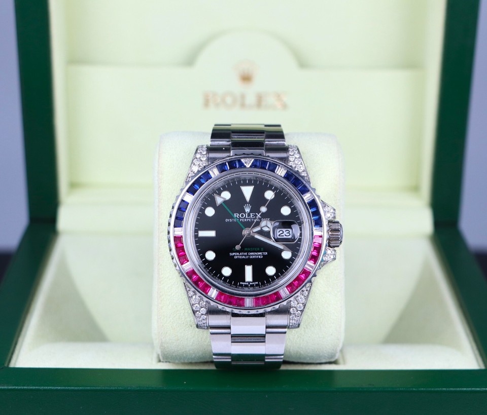Rolex 40mm GMT Master II Customized Sapphire Ruby Bezel Diamond Watch ...