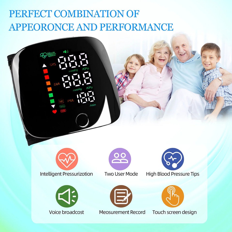 Rechargeable Wrist Blood Pressure Monitor LED Heart Rate Monitor Voice ...