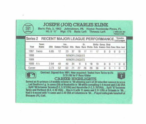 Joe Klink Oakland A's Pitcher #591 Donruss 1991 Baseball Card | eBay