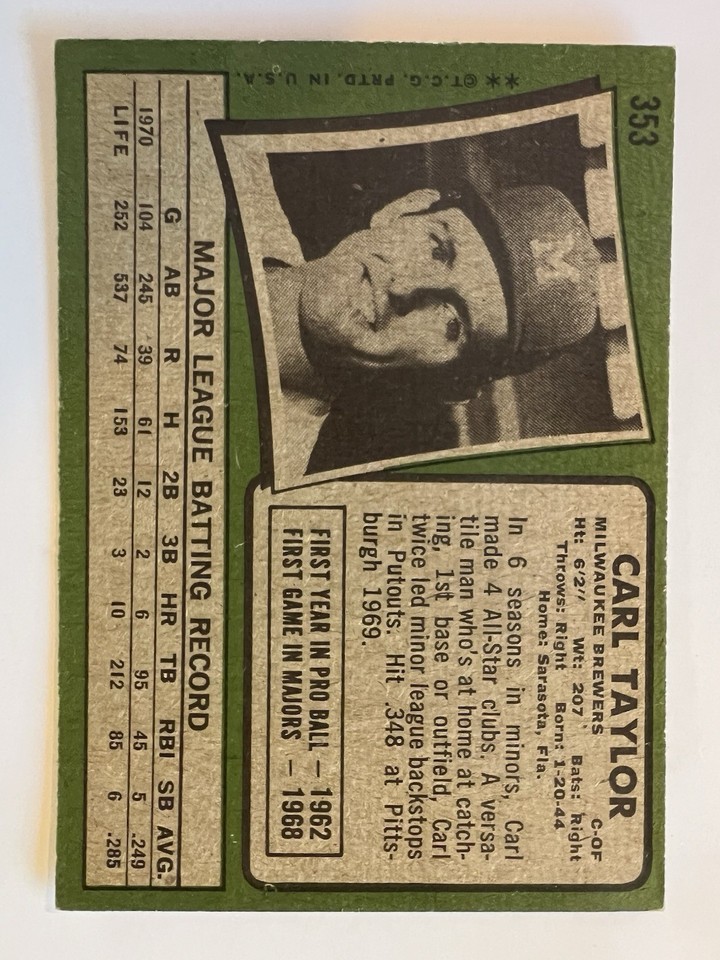 1971 Topps #353 - MILWAUKEE BREWERS C/OF CARL TAYLOR 71097 | eBay UK