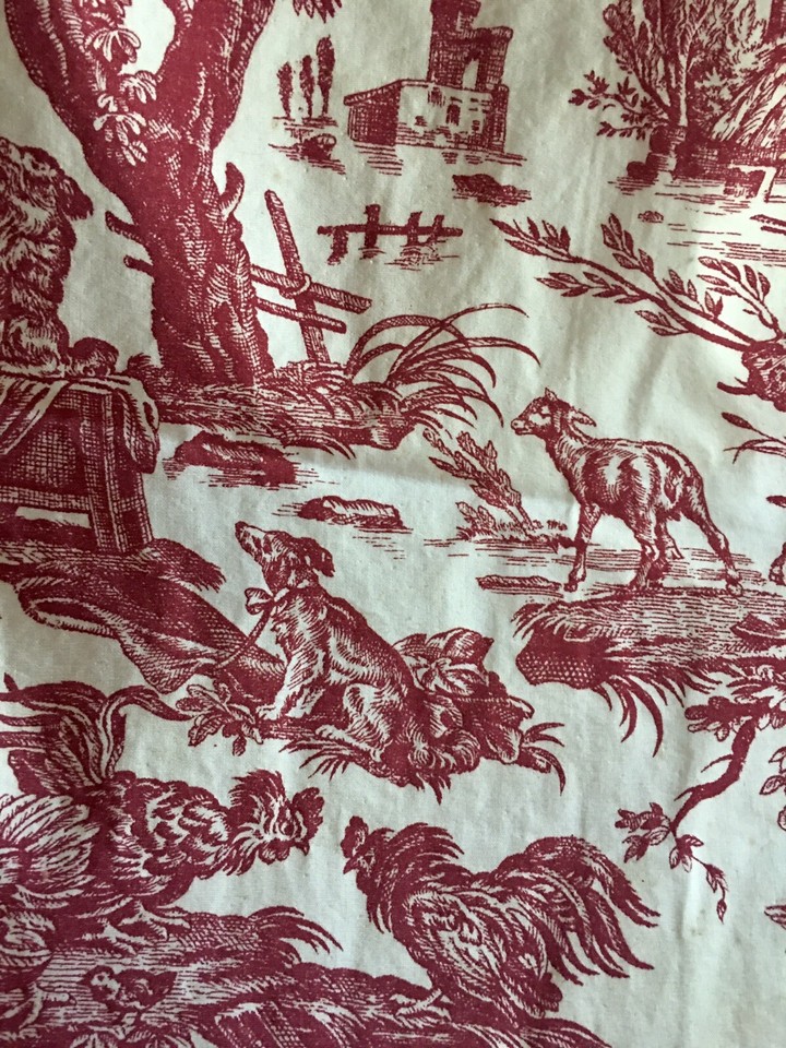 Vintage Mid Century French Style Pastoral Farm Life Red Toile Cotton ...