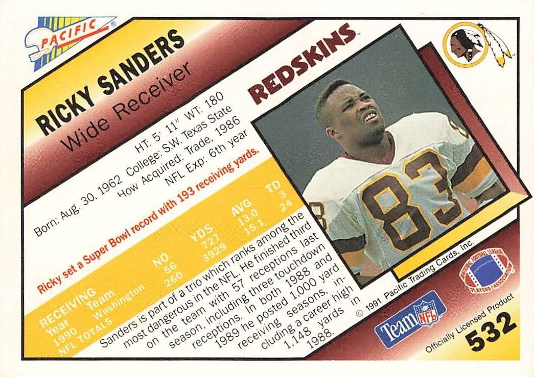 1991 Pacific #532 RICKY SANDERS Washington Redskins | eBay Australia