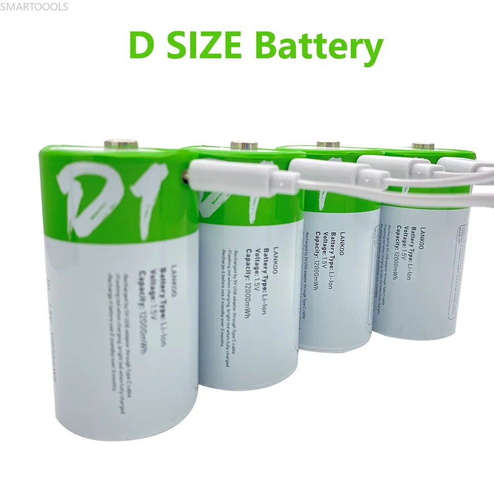 1-10PCS USB Rechargeable D Size Batteries LR20 1.5V 12000mWh w/ Type-C ...