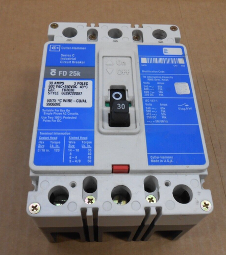 CUTLER HAMMER FD3030 30 AMP 3P 600VAC CIRCUIT BREAKER FD 30A BLUE ...