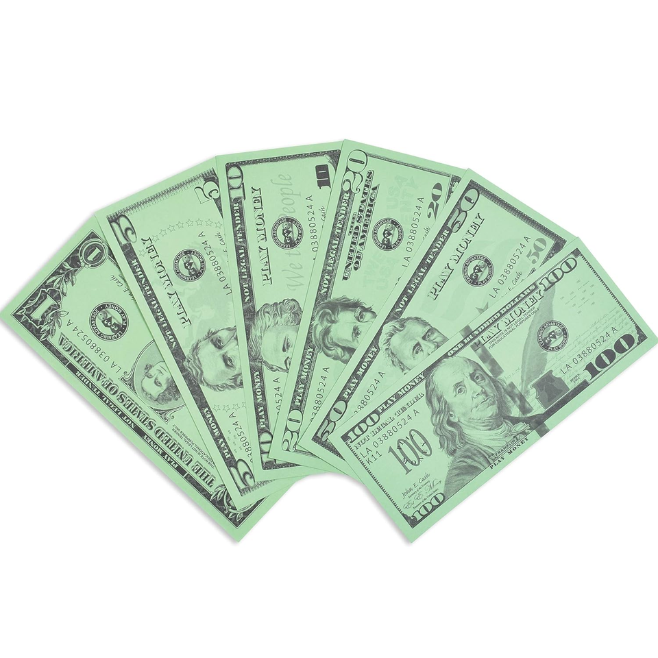Play Bills Set - 35 Ones, 25 Fives, 20 Tens, 15 Twenties, 5 Fifties and ...