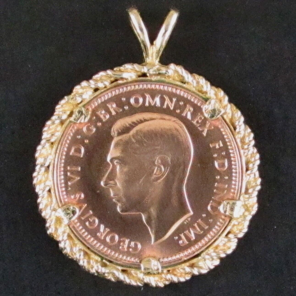 Coin Pendant 1943 Bronze Wren Farthing 14K Gold Prong Back Rope Bezel ...