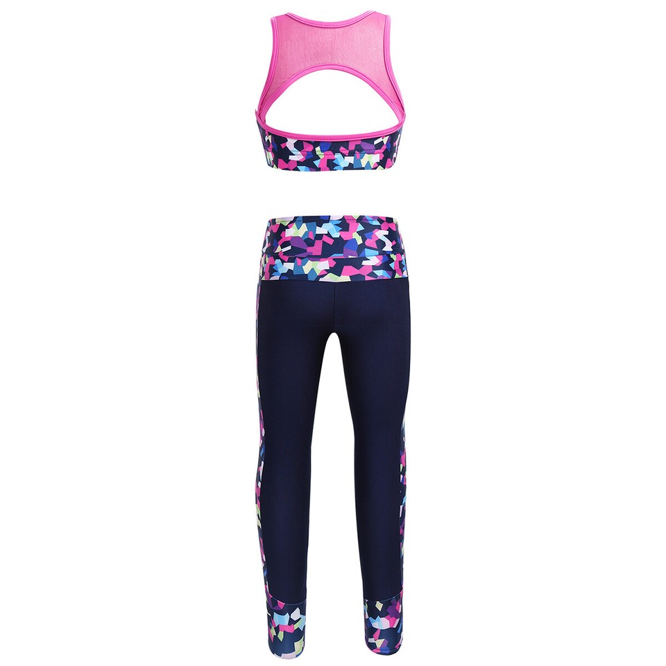 Kids Girls Athletic Outfits Top Pants Set Sports Workout Gymnastics ...