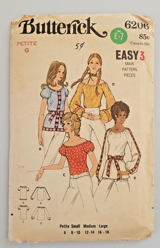 70s Butterick Sew Pattern 6208 Misses Boho Peasant Blouse Top Petite ...