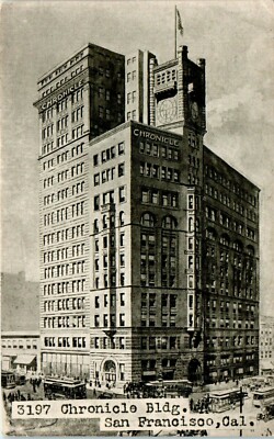 Postcard CA San Francisco Chronicle Building Street View Trolleys Flag ...