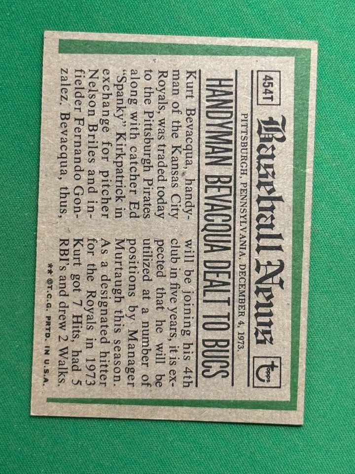 1974 Topps Baseball Traded #454T Kurt Bevacqua | eBay