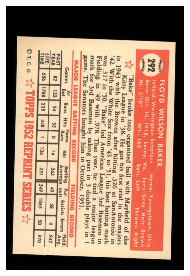 1952 Topps Reprint(1983) #292 Floyd Baker Washington Senators | eBay