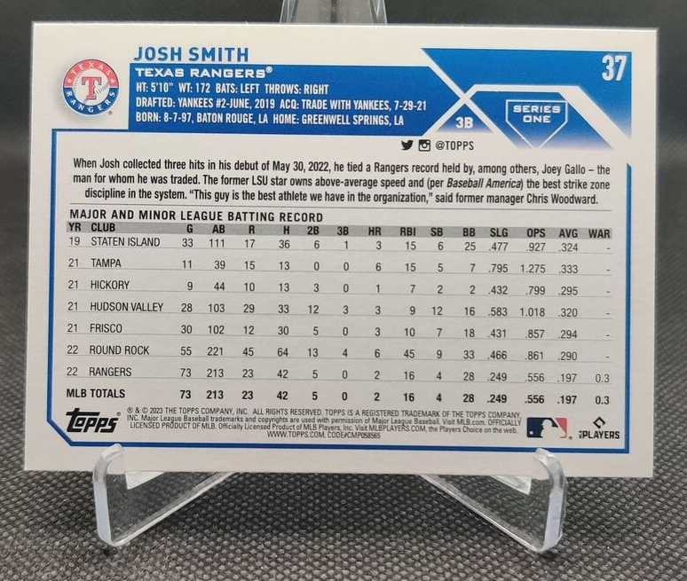 2023 Topps Series 1 #37 Josh Smith Rookie RC Texas Rangers baseball ...