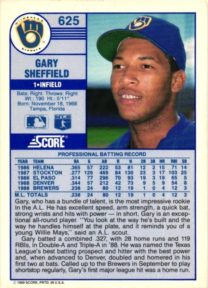 GARY SHEFFIELD 1989 Score #625 FREE SHIPPING B16R1S3P12 | eBay