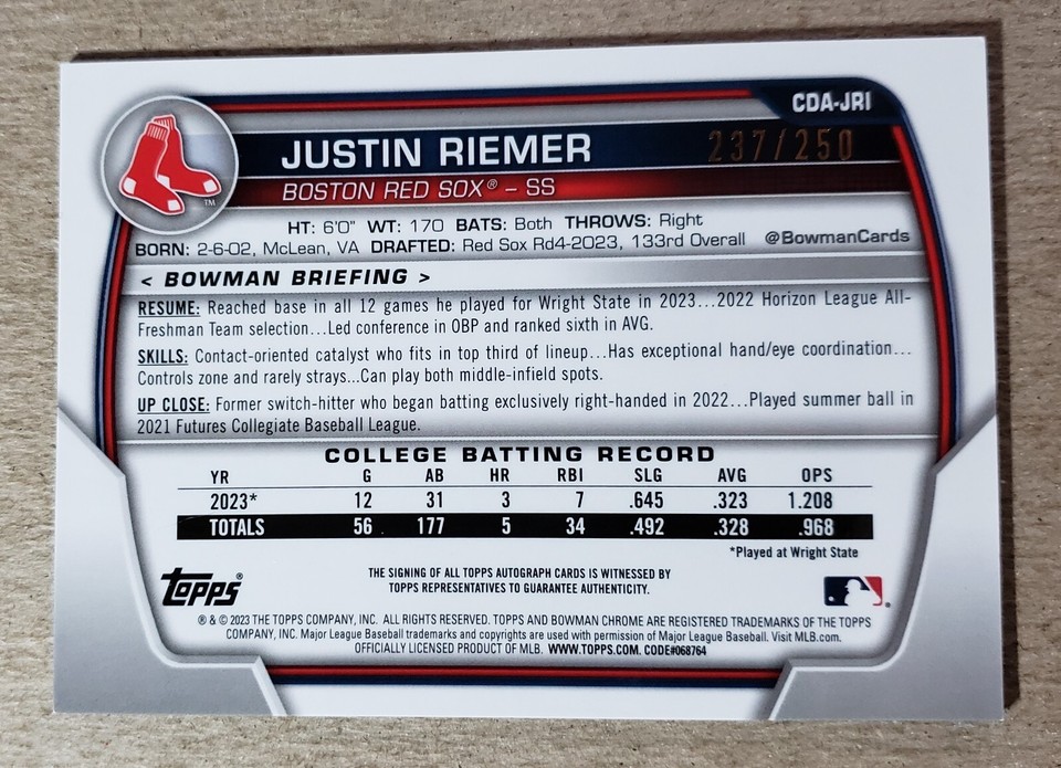 2023 Bowman Chrome Purple Refractor Justin Riemer Auto /250 Boston Red ...
