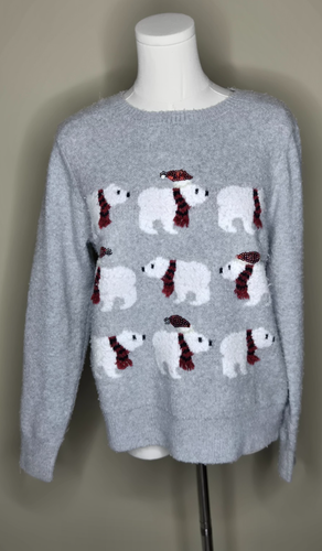 Holiday Time Women's L Gray Polar Bear Christmas Sweater Sequin Ugly ...