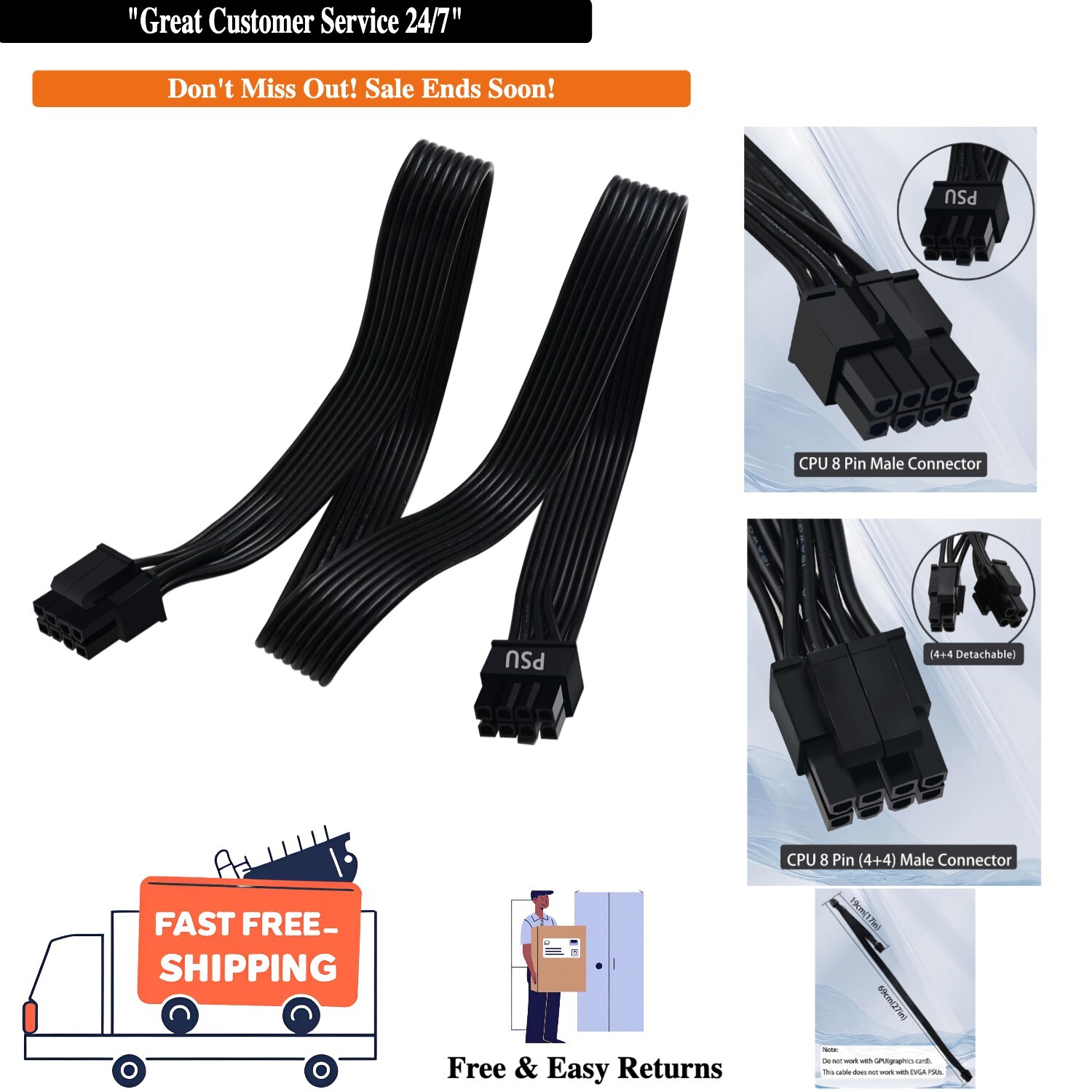 Corsair 8 Pin Male to Detachable CPU Power Adapter - 25in Long for ...