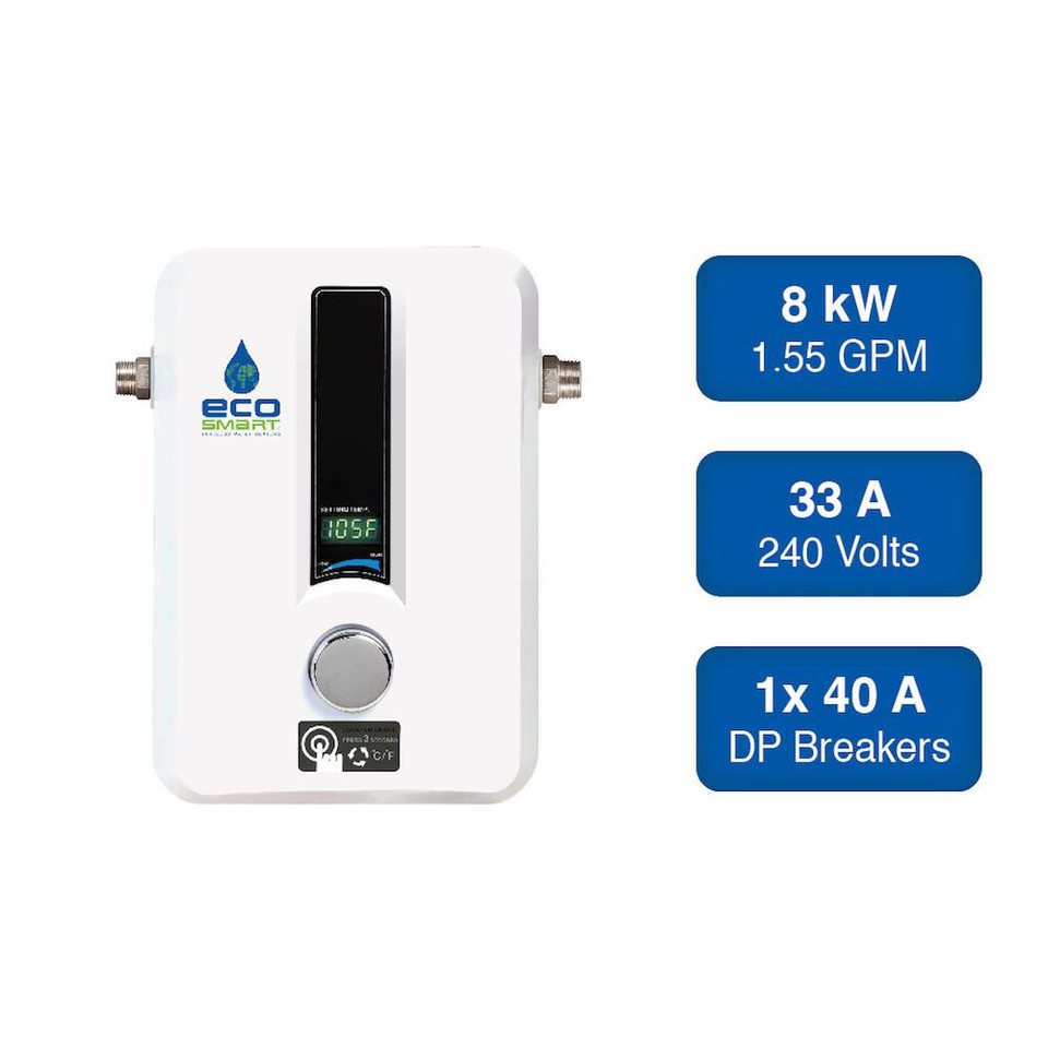 EcoSmart Electric Tankless Hot Water Heater 8 kW Self Modulating 1.55 ...