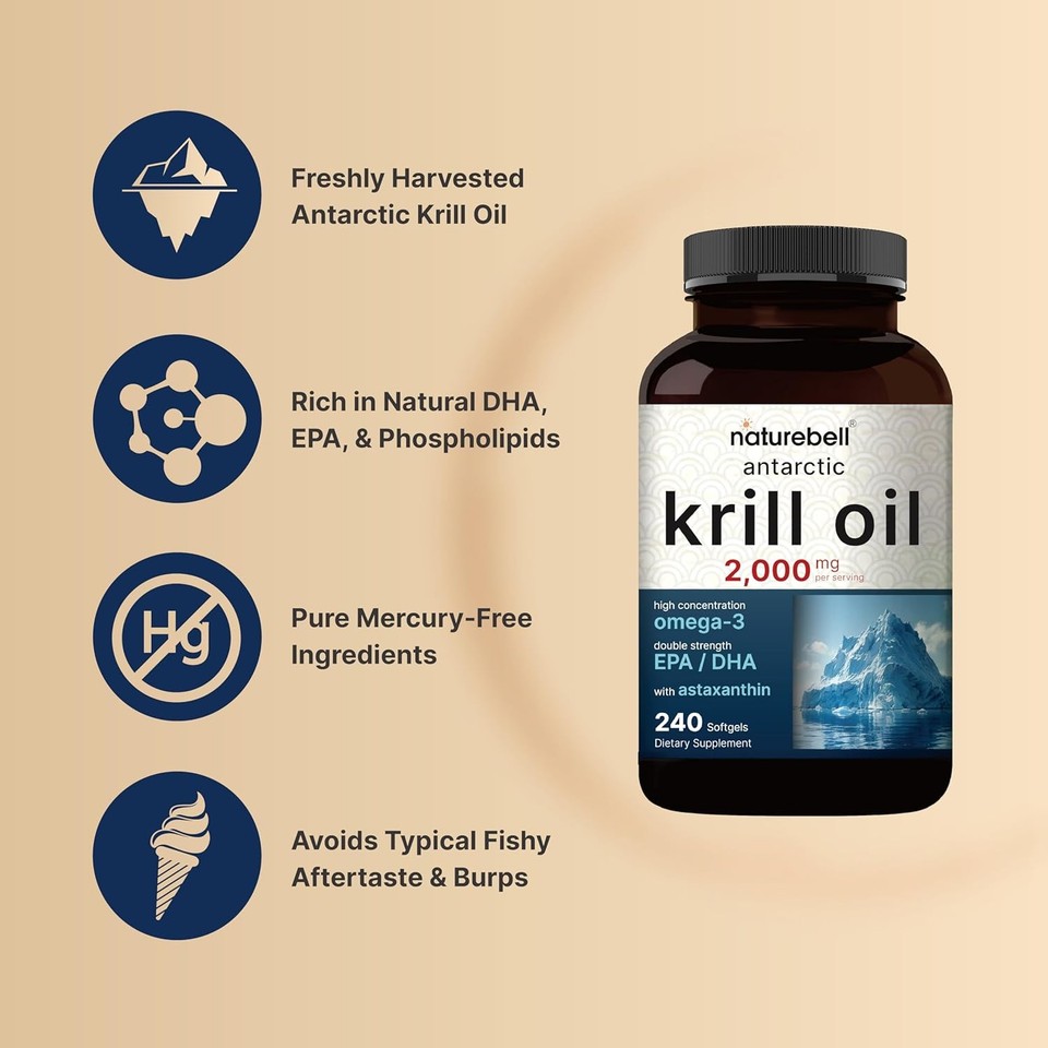NatureBell Antarctic Krill Oil 2000mg Supplement, 240 Softgels, 3X ...