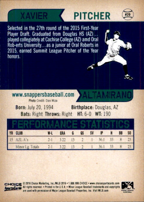 2016 Beloit Snappers Choice #20 Xavier Altamirano Douglas Arizona ...