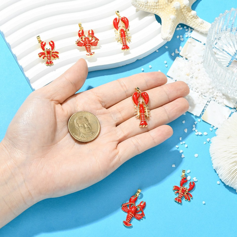 6pcsEnamel Lobster Charms Brass Ocean Sea Animal Charm Red Crayfish ...