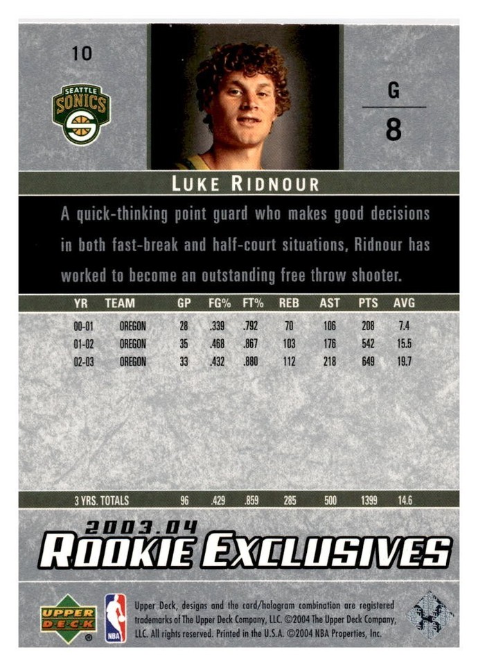 2003-04 Upper Deck Rookie Exclusives #10 Luke Ridnour RC - Seattle ...