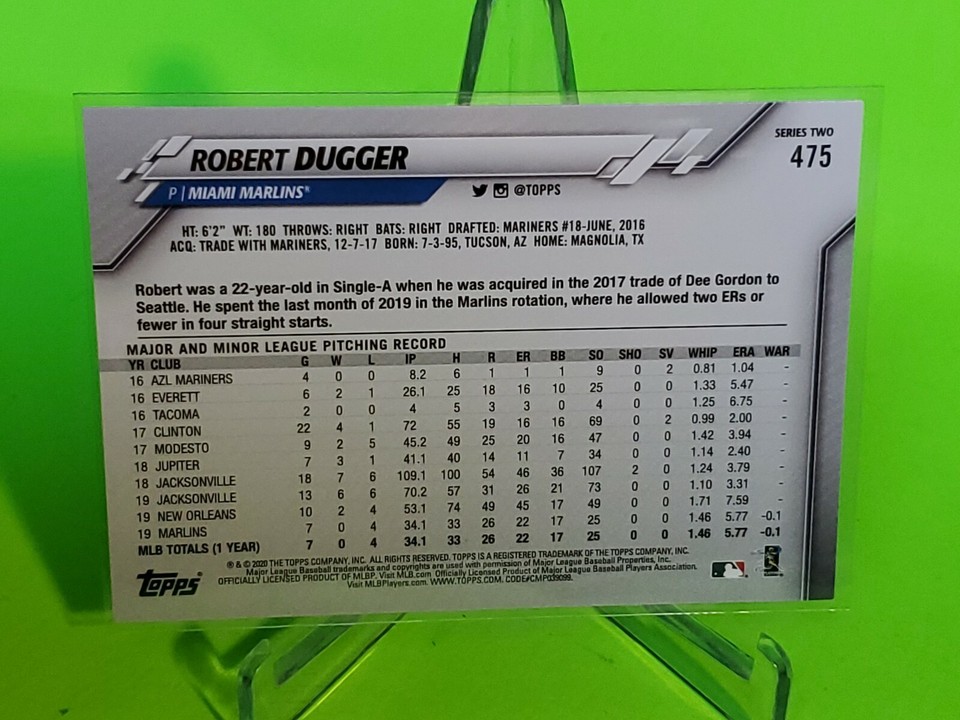 2020 Topps Series 2 Base #475 Robert Dugger - Miami Marlins RC | eBay
