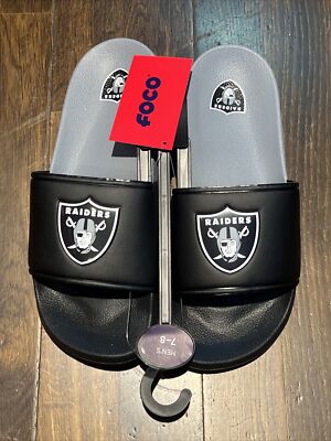 New Mens Las Vegas Raiders Logo Black Silver Slides Foco Sandals Size 7 ...