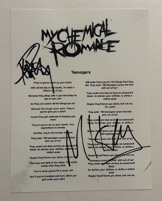 FRANK IERO SIGNED LYRIC SHEET AUTOGRAPHED MY CHEMICAL ROMANCE MCR BAND ...