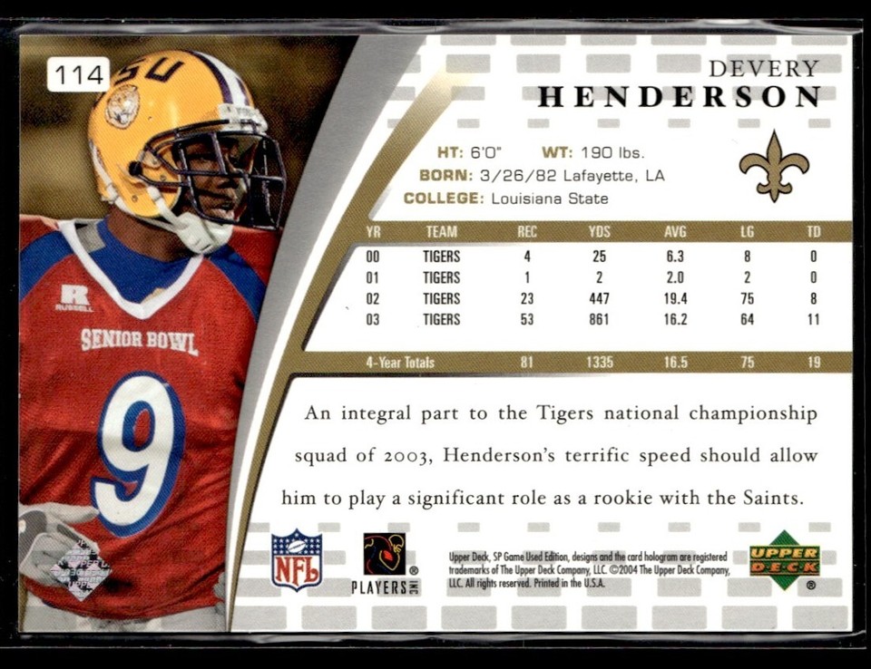 2004 SP Game Used Devery Henderson Rookie 353/425 New Orleans Saints ...